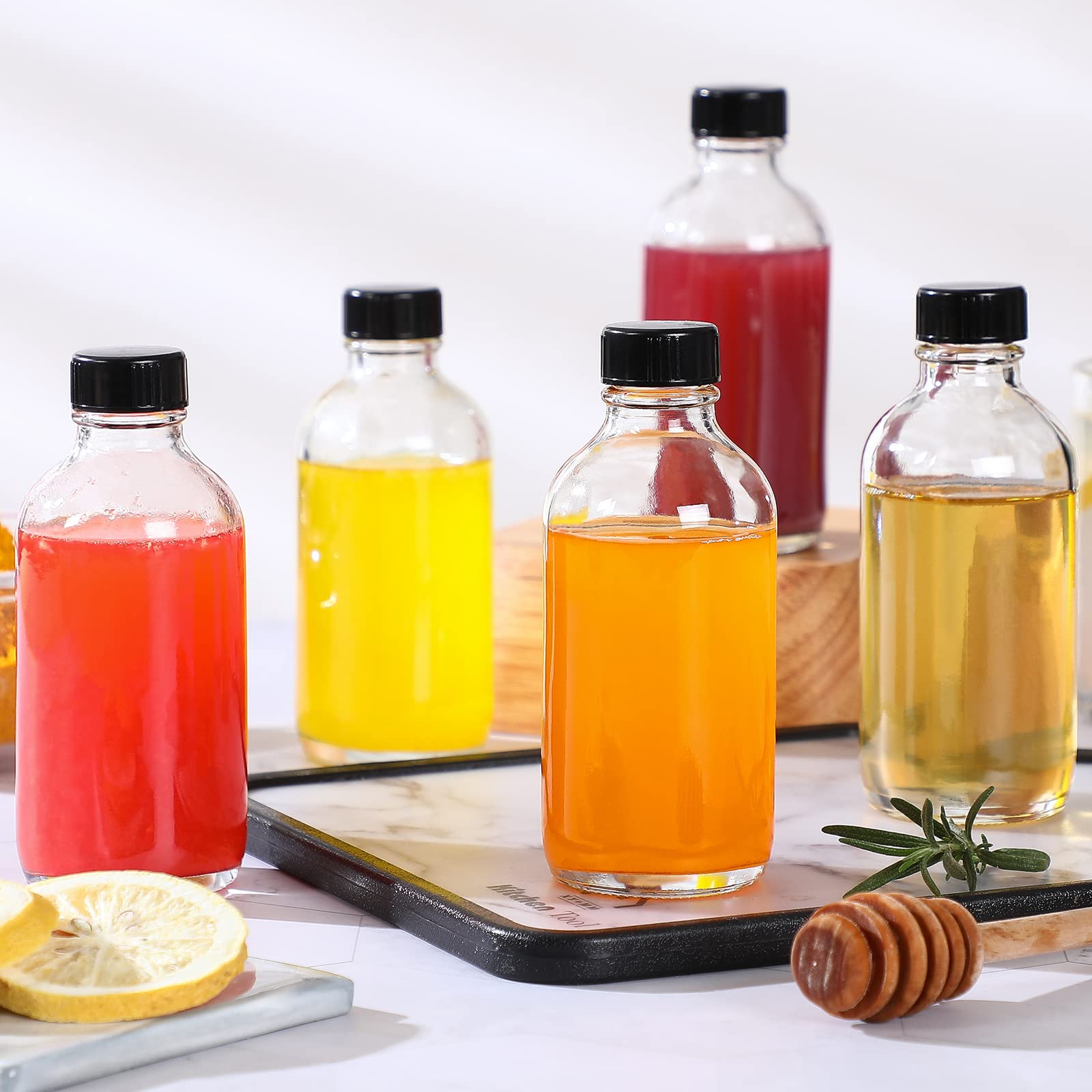 6 Pack, 4 oz Small Clear Glass Bottles with Lids & 2 Stainless Steel Funnels - 120ml Boston Sample Bottles for Potion, Juice, Wellness, Ginger Shots, Whiskey, Liquids - Mini Travel Essential Bottles