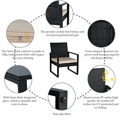 ABCCANOPY 3 Pieces Patio Furniture Sets,Rattan Chair Wicker Conversation Sets,Two Rattan Chairs with Glass Coffee Table,Garden Balcony Backyard Poolside (Black)