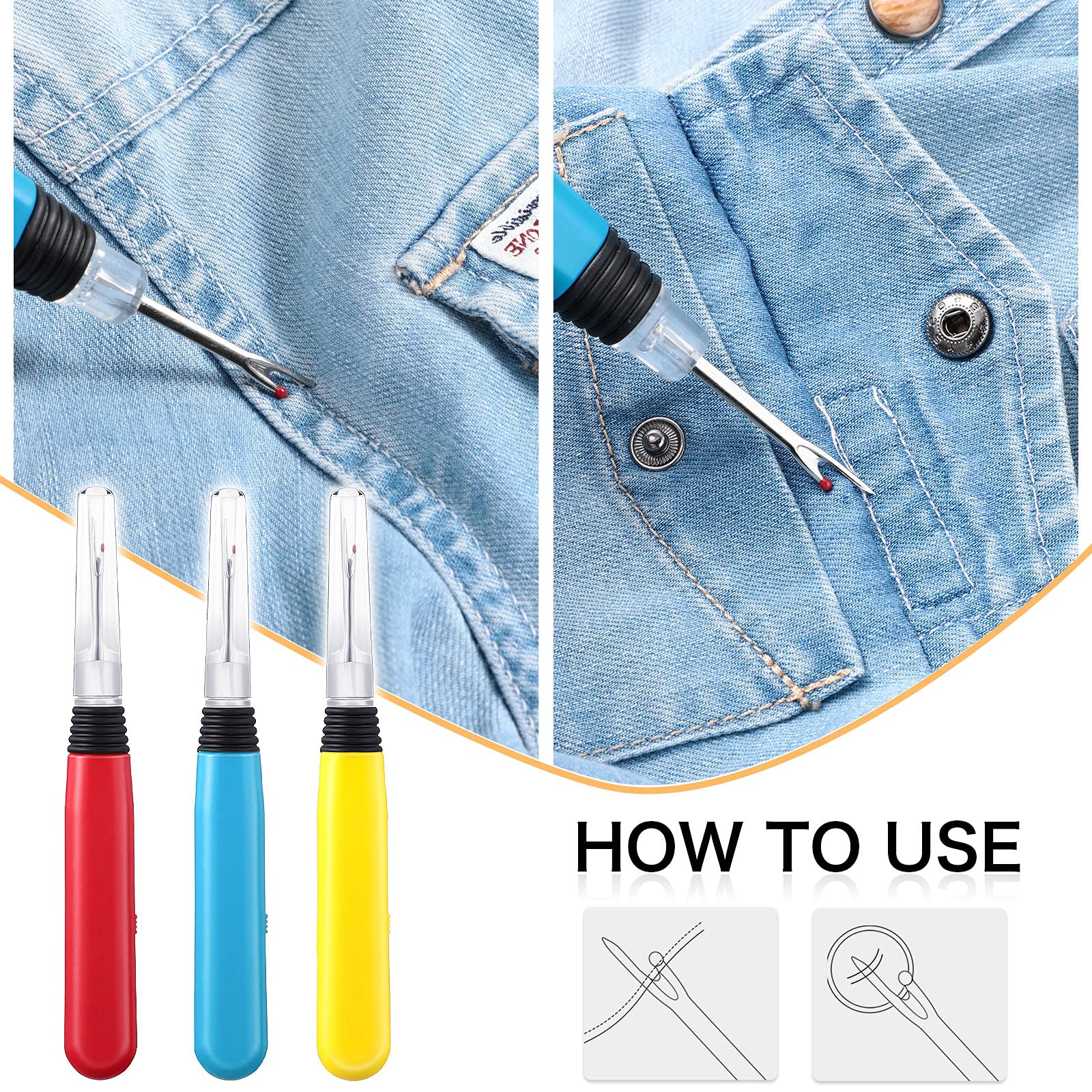 3 Pieces Seam Ripper Tools with Light, Stitch Removal Tool Sewing Thread Remover Cutter Stitch Opener LED Light Seam Ripper Sewing Tools for Sewing Crafting Removing Threads, 3 Colors