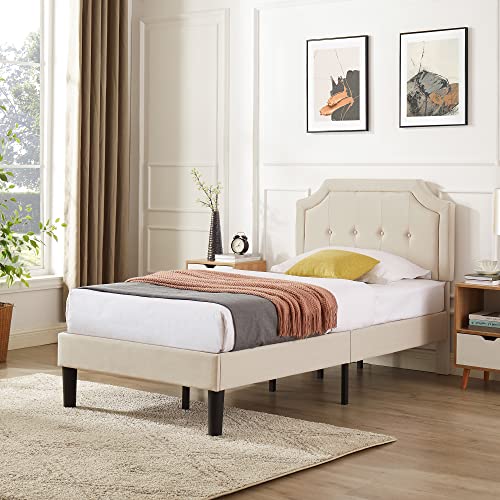 VECELO Premium Upholstered Platform Bed Diamond Stitched Panel Headboard, Metal Frame & 12 Strong Wood Slat Support, Mattress Foundation/Easy Assembly,Twin,Beige