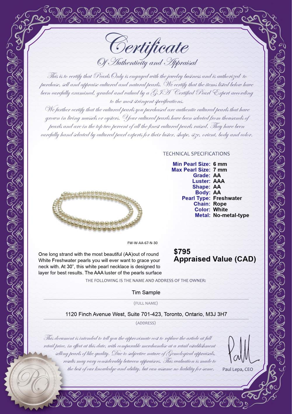 30 inches White 6-7mm AA Quality Freshwater Cultured Pearl Necklace for Women-30 in Length
