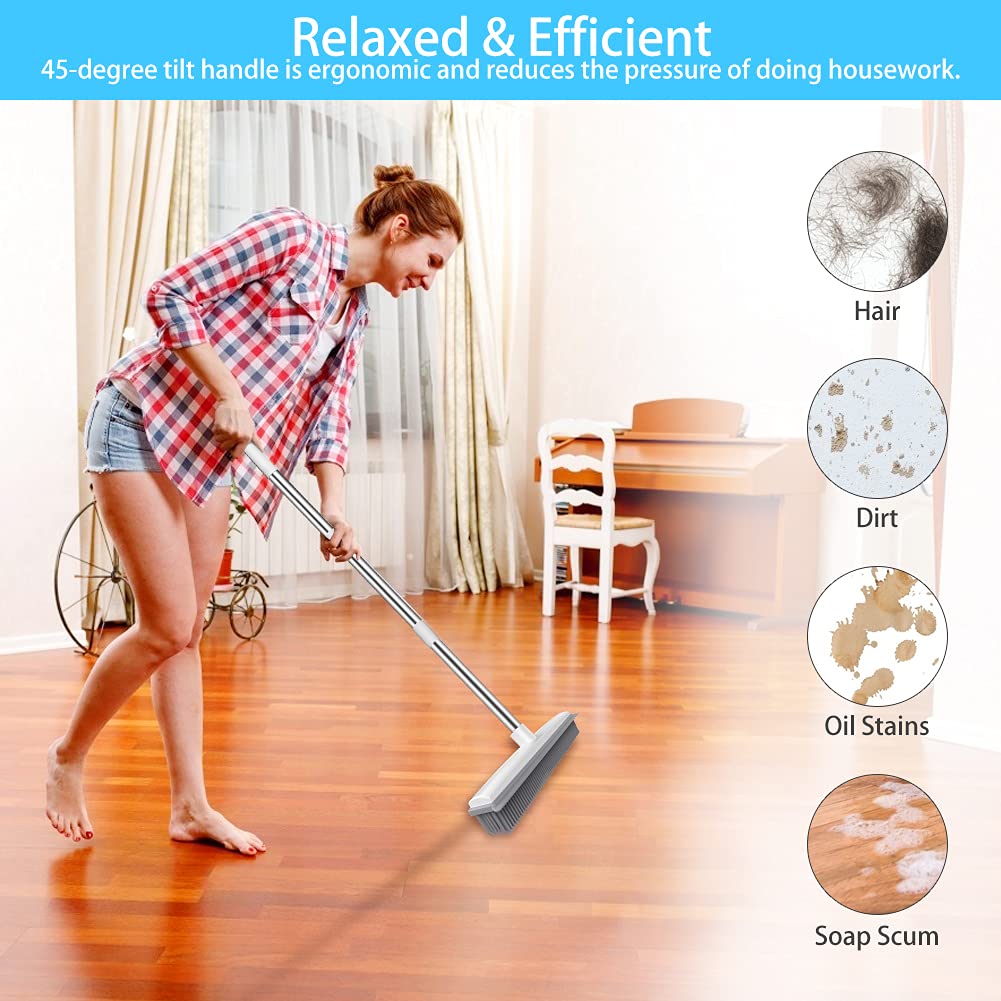 YFJQTZX Push Broom Pet Hair Removal Broom with Squeegee, Soft Silicone Bristle Broom with 47" Adjustable Long Handle, Non Scratch Carpet Sweeper Brush for Cat/Dog Hair Hardwood Tile Windows