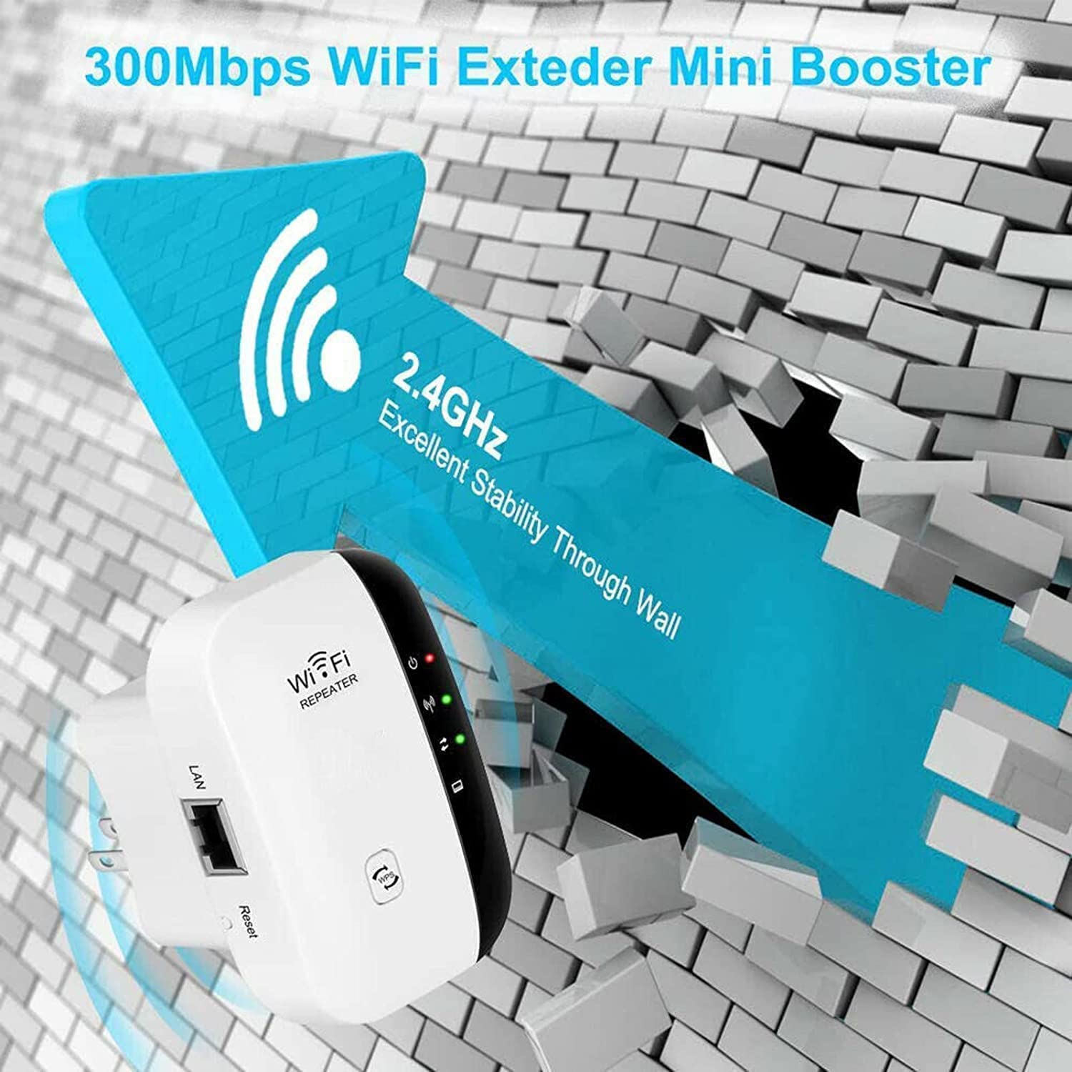 300Mbps WiFi Extender Signal Booster, Wireless Dual-Band Network Repeater, WiFi Range Extender, with Ethernet Port, 1-Tap Setup Access Point,Covers Up to 2640 Square Feet White