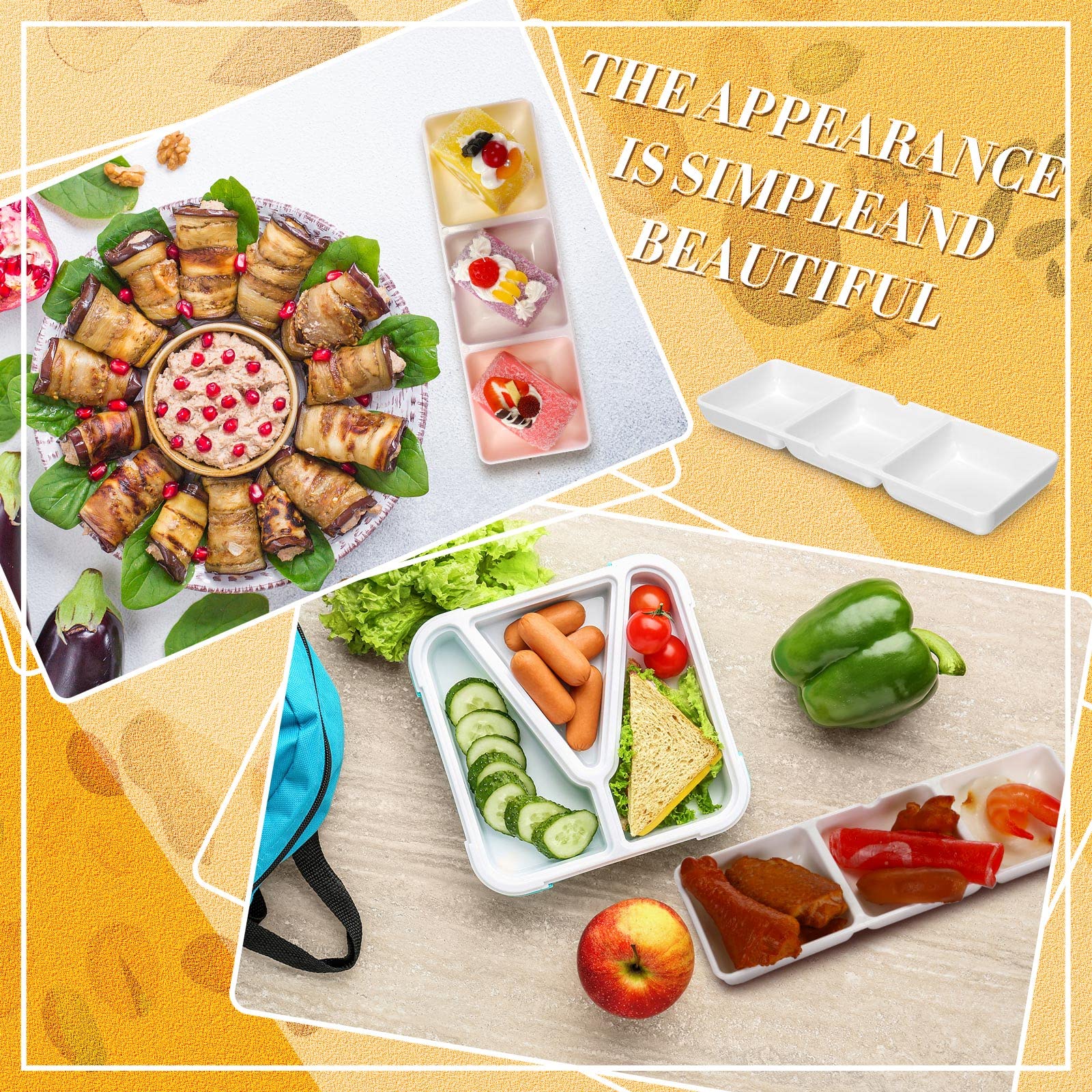 24 Pcs 8.7 x 2.8 Inch 3 Compartment Appetizer Serving Tray Plastic 3 Section Dessert Platters Rectangular Divided Plate White Compartment Serving Dishes Dipping Sauces Dinner Buffet Restaurant Kitchen