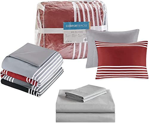 Comfort Spaces Full Comforter Sets with Sheets - Bed in a Bag 9 Pieces Teen Bedding Sets Full, Red and Grey Stripes Bedding Full, College Full Bed Set with 2 Side Pockets Bedroom Organizer