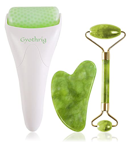 Face Ice Roller Jade & Gua Sha Set Gifts for Women Mom Mothers Day Facial Puffy Eyes Massage Natural Cooling Anti Wrinkle Skin Care Travel Tools Treatment for Puffiness Migraine Pain Relief Relaxing