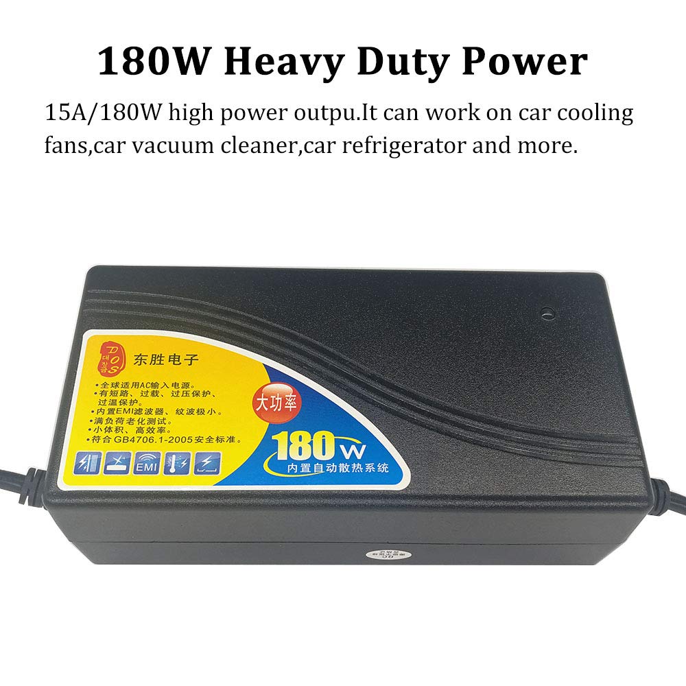Heavy Duty 180W/15A AC to DC Converter,BUENNUS Convert 110V-240V to 12V Car Cigarette Lighter Socket Adapter AC DC Power Supply US Standard Plug for Car Refrigerator Vacuum Cleaner Air Pump