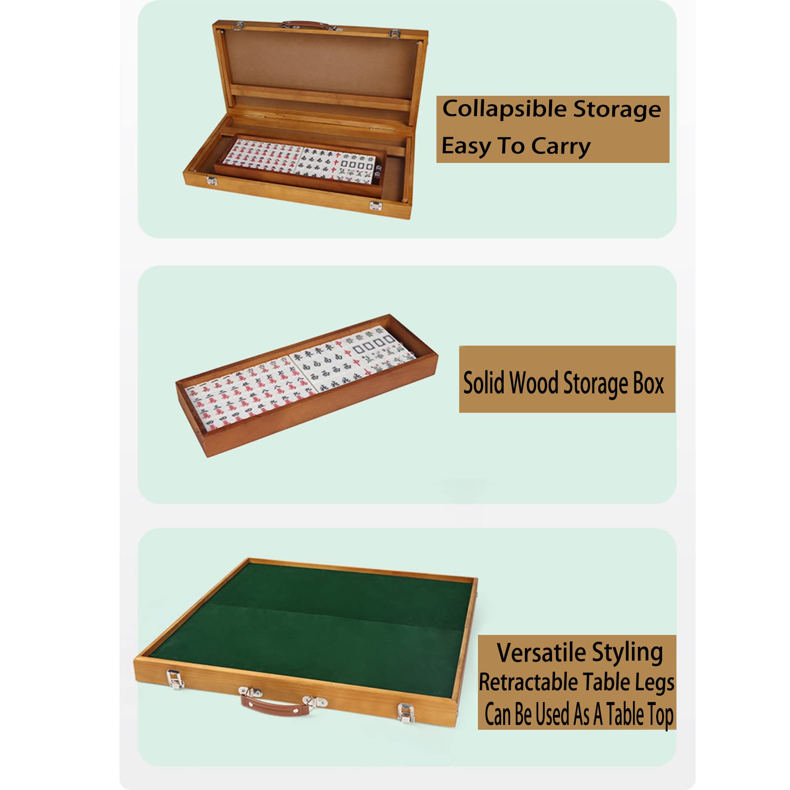 19.7" Square Foldable 4 Person Mahjong Table with 144 Mini Mahjong Tiles and Solid Wood Tile Box Chinese Mahjong Game Set with 4 Dice and Putter for Playing Mahjong Poker Puzzle Dominoes (Blue)