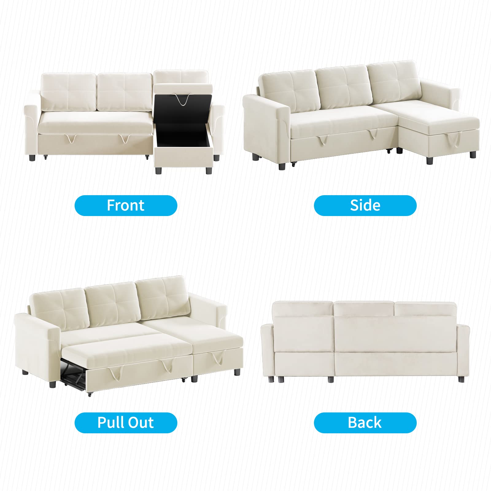 Mjkone 3 Seat L-Shape Sectional Sofa Couch with Pull Out Bed and Reversible Storage Chaise, Modern 84 Inch Sleeper Sofa with Breathable Velvet Fabric for Living Room, Beige