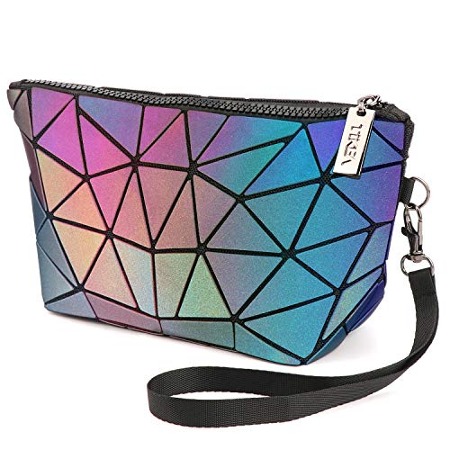 Tikea Makeup Pouch - Small Cosmetic Bag Travel Geometric Luminous Clutch Lattice Reflective Toiletry Beauty Bag Cosmetic Wristlets