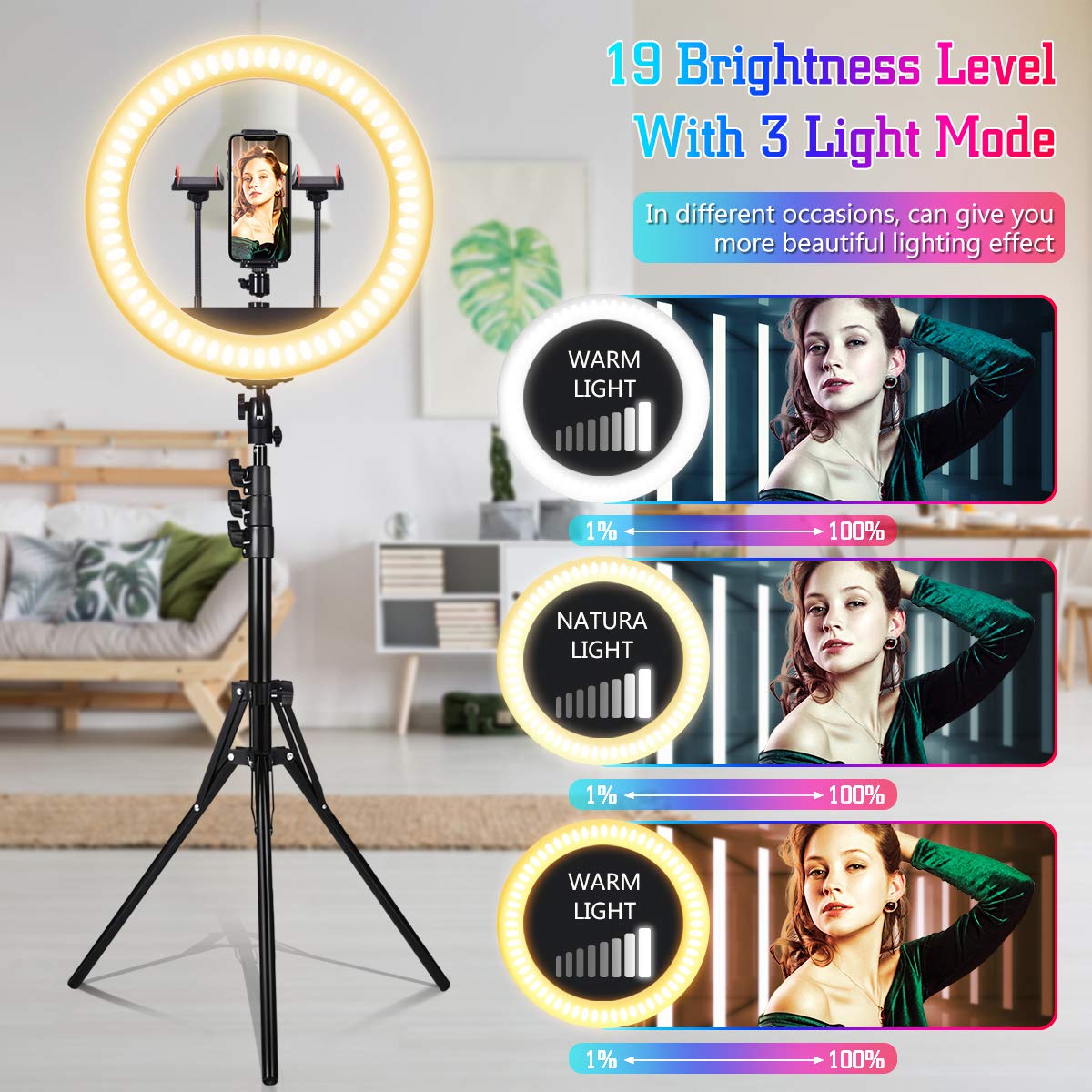 19" Selfie RGB Ring Light with Stand - YUNLIGHTS 11 Colors Modes RGB Dimmable LED Ring Light with Phone & iPad Holder for YouTube|Video|Shooting|Vlogs|Makeup, Compatible with iPhone Android Phone