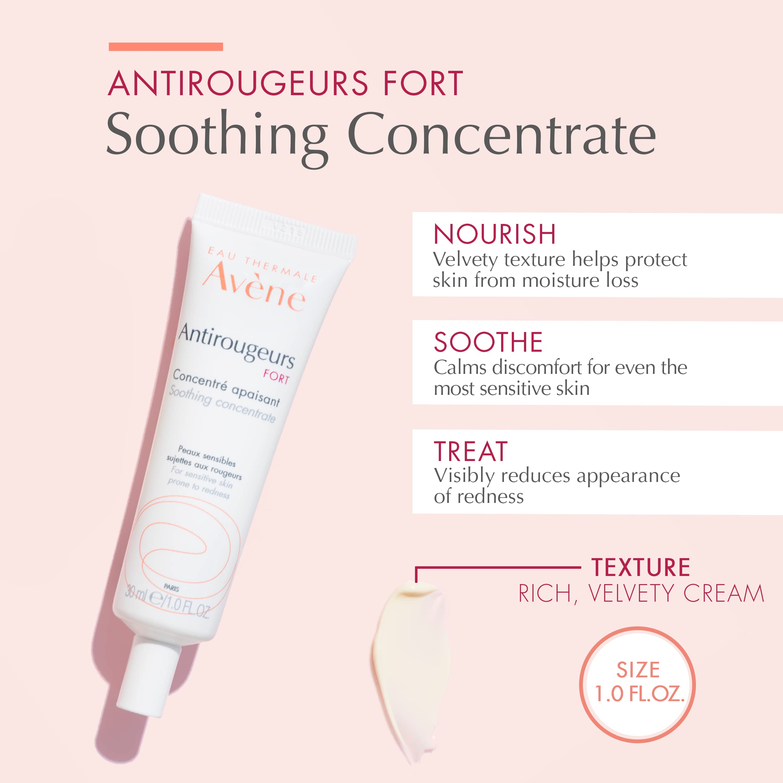 Avene Antirougeurs FORT Soothing Concentrate Calming Redness Cream 1.01 Fl Oz, unscented