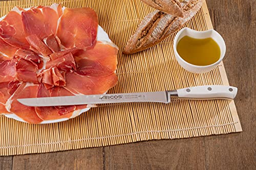 ARCOS Forged Slicing Knife / Ham Knife 10 Inch Nitrum Stainless Steel and 250 mm blade. Ergonomic Polyoxymethylene POM Handle. Series Riviera Blanc. Thin blade with a characteristic smooth edge. Color White.