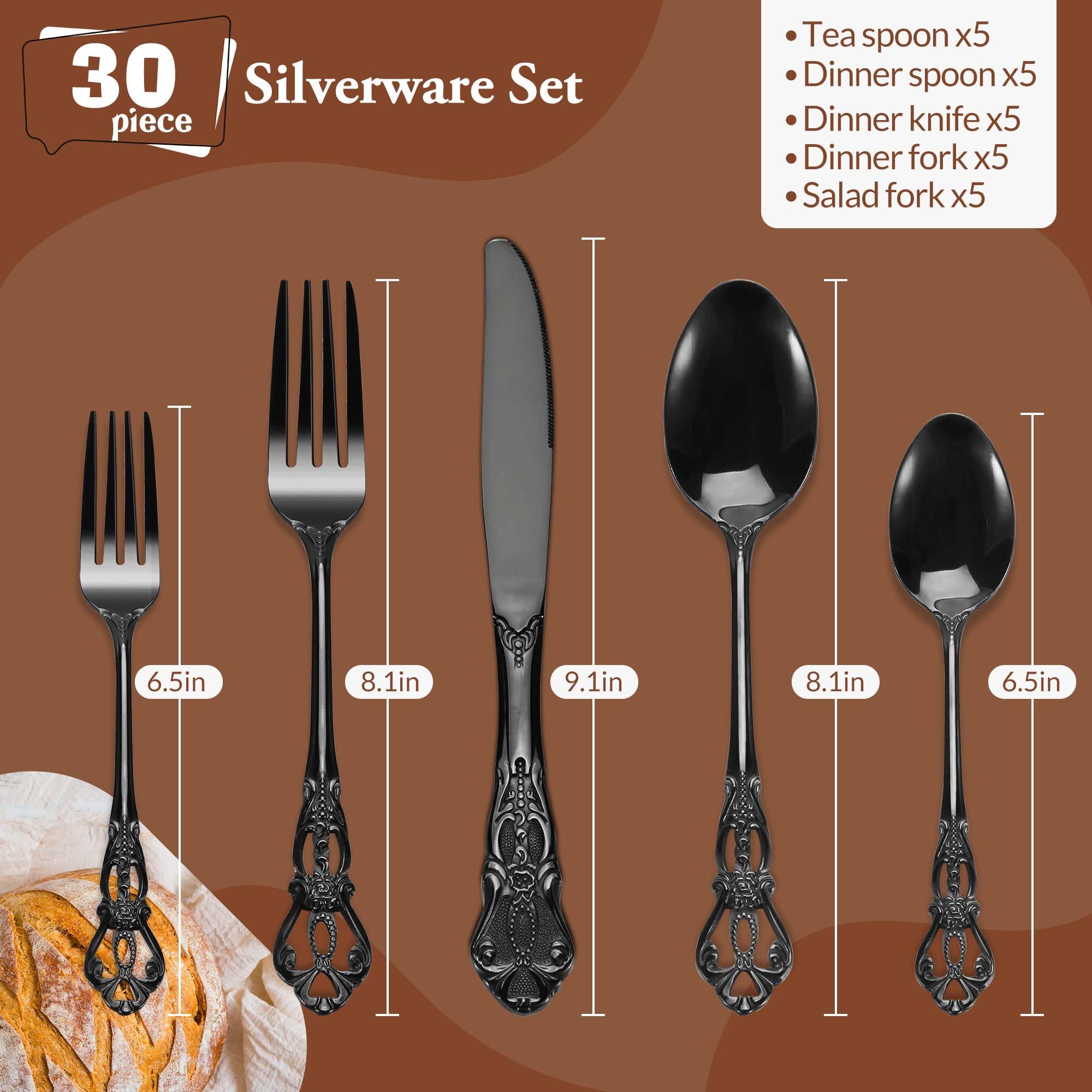 PUREAIN Silverware Set, 30 Pieces Retro Royal Silverware Set for 6, Anti-rust Stainless Steel Flatware Set Including Fork Spoon and Knife, Dishwasher Safe, Black