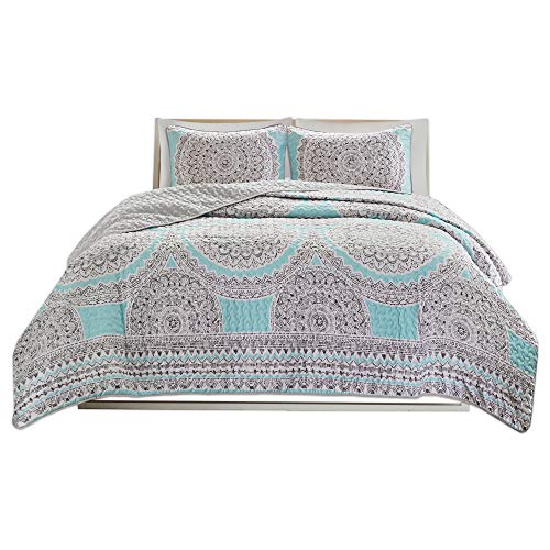 Comfort Spaces Reversible Quilt Set - Vermicelli Stitching Bohemian Design, All Season, Lightweight, Coverlet Bedspread Bedding, Shams, Twin/Twin XL(66"x90") Adele Aqua Medallion 2 Piece