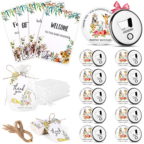 24 PCS Bottle Opener Jungle Safari Baby Shower Favors for Guests Baby Shower Party Favors Decorations and Souvenirs with Table Sign Organza Bags Thank You Tags for Theme Party Favors