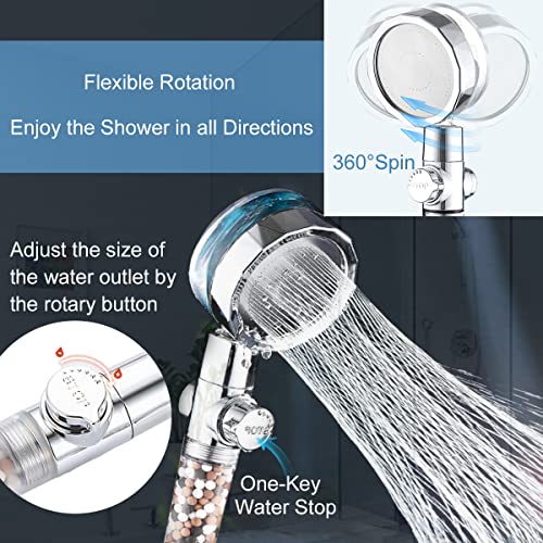 2022 High Pressure Filter Shower Head with Handheld, Hydro Jet Turbo Fan Shower Head with Mineral Beads, 360°Rotating Turbocharged Shower Head with Pause Switch, Removable and Easy to Install