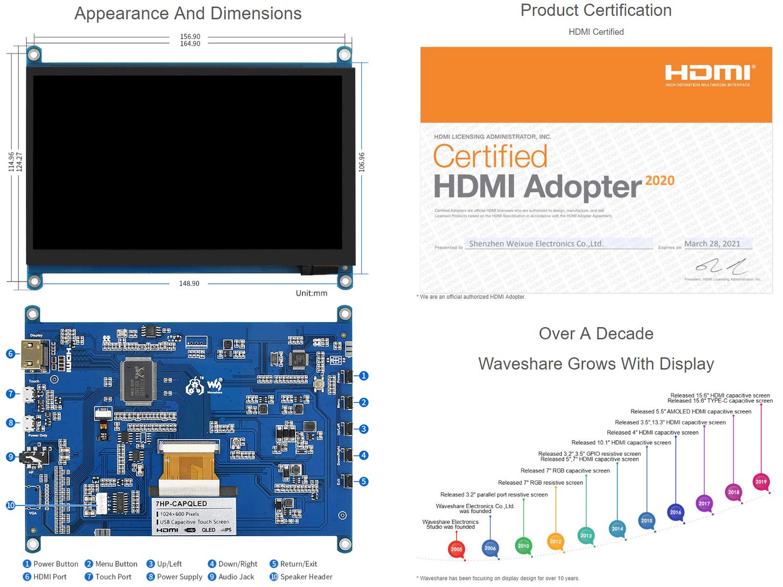 waveshare 7inch QLED Quantum Dot Display Compatible with Raspberry Pi 4B/3B+/3A+/2B/B+/A+/Zero/Zero W/WH/Zero 2W CM3+/4 Capacitive Touch 1024×600 Resolution Supports Jetson Nano/Windows