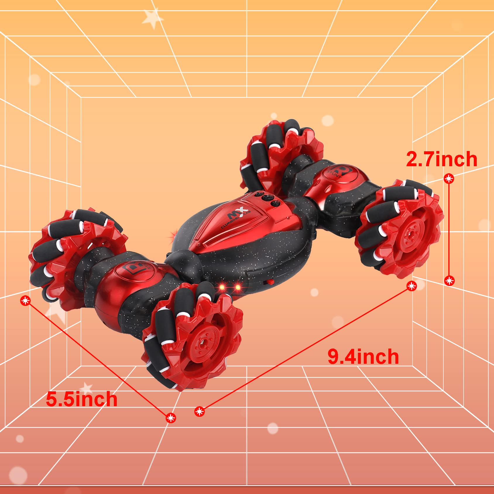 BIRANCO. RC Stunt Car Gesture Sensing - Christmas Red, 2.4GHz 4WD Hand Controlled Double Sided Remote Control Car with Music & Lights, Kids Toy, Gift Ideas for Boys Age 5-12 Years Old