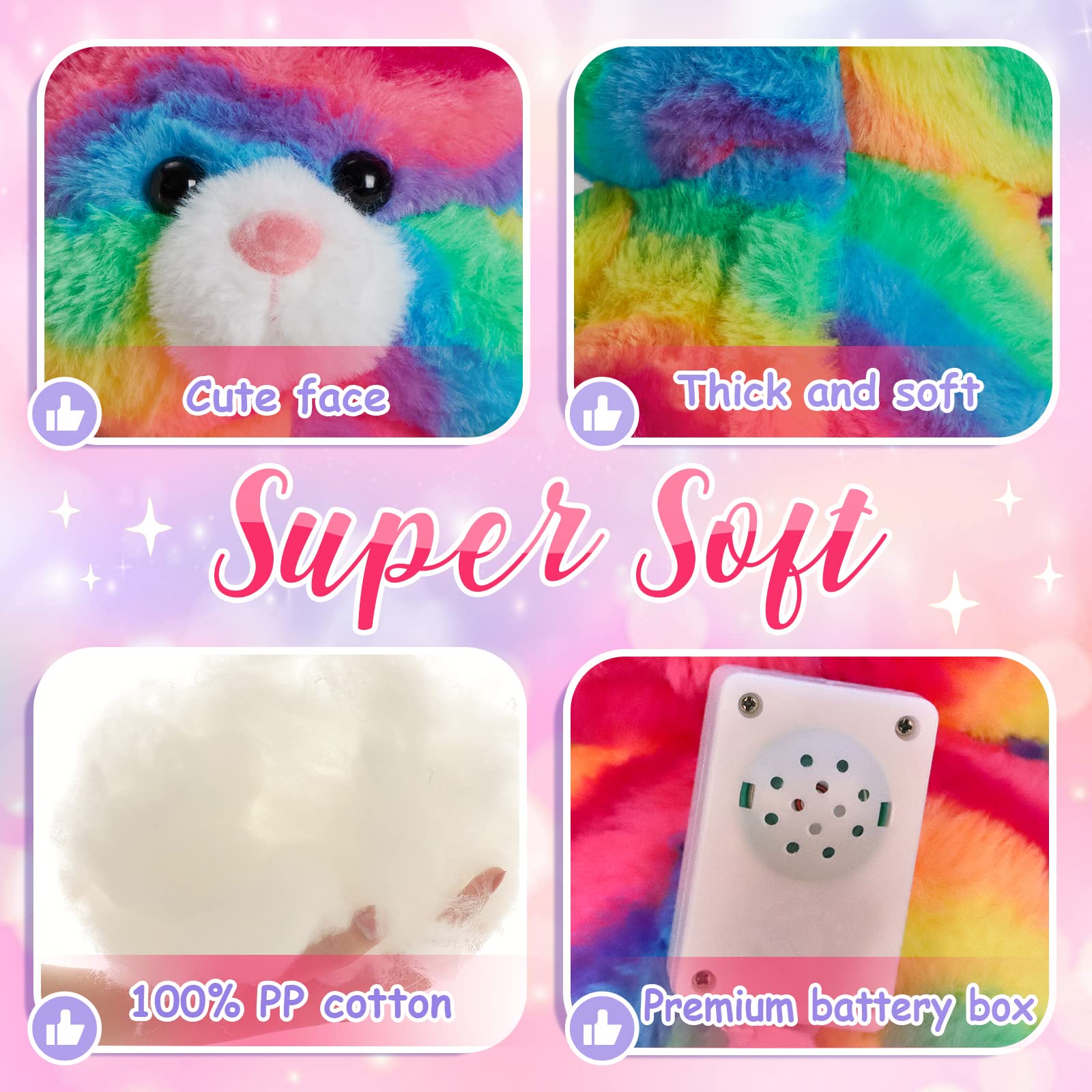 Athoinsu Light up Rainbow Music Teddy Bear Stuffed Animal LED Glowing Singing Night Light Cute Soft Plush Toy Gifts Decors for Toddlers Kids, 11"