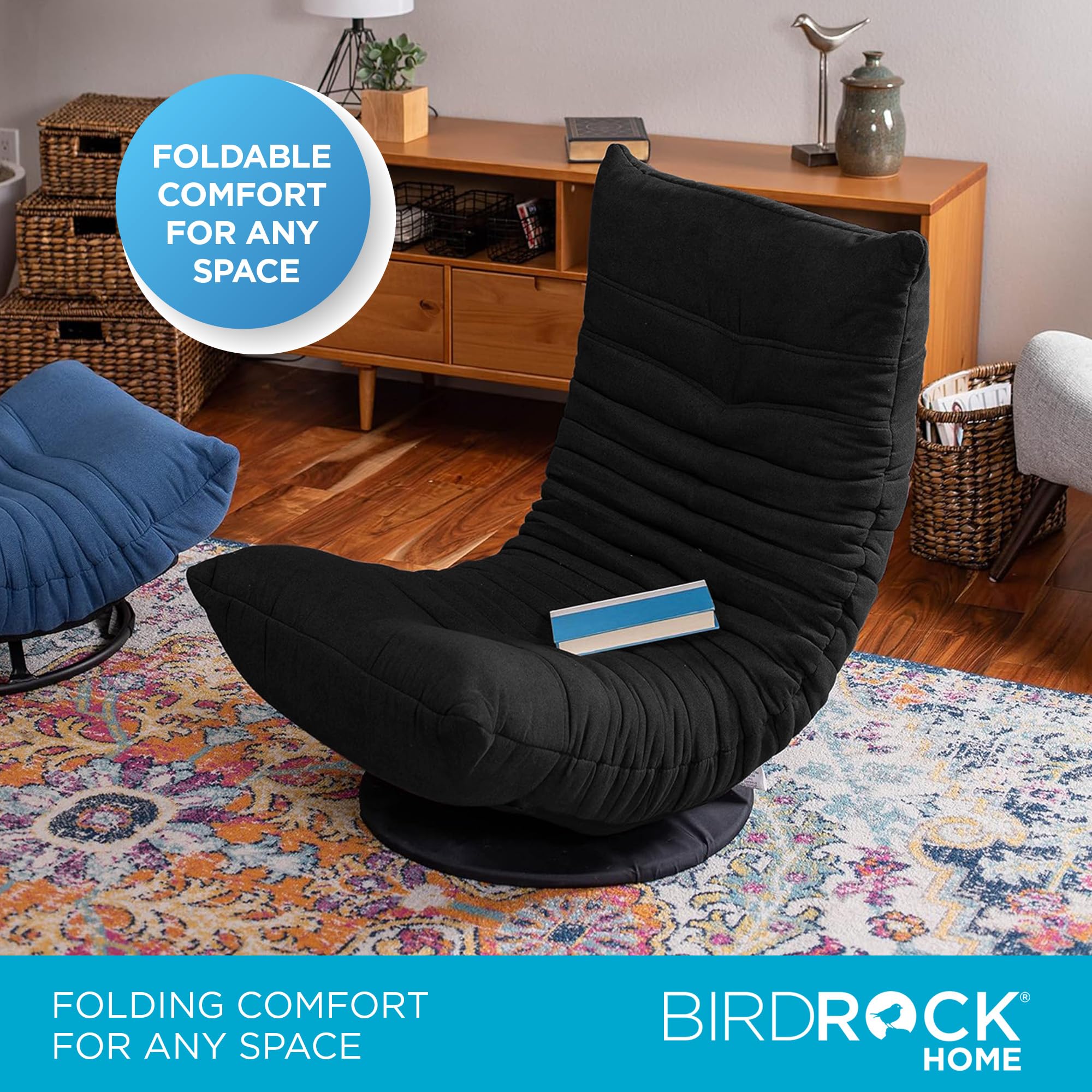 BIRDROCK HOME Swivel Floor Chair for Adults & Kids - 360-Degree Rotating Lounge Chair - 8" Thick Cushion Banana Chair Foldable & Comfy Back Support Seat for Gaming Reading Watching Relaxing - Charcoal