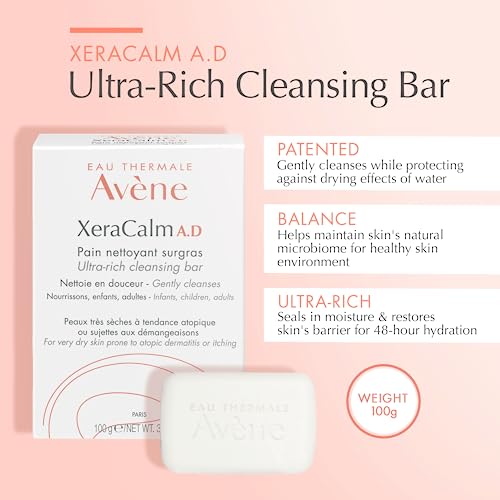 Avene Xercalm A.D Ultra-Rich Cleansing Bar for Atopic Dermatitis, Eczema Prone Skin, Fragrance-Free, 100 g