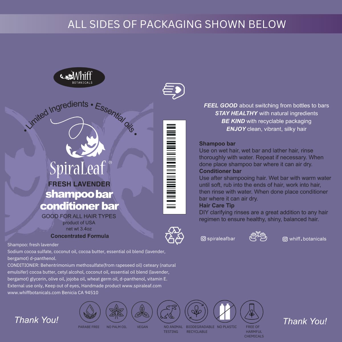 SpiraLeaf Shampoo Bar & Conditioner Bar Set, FRESH LAVENDER Pure Essential Oils, Light Scent, Limited Ingredients, Concentrated Formula, Made USA, Zero Waste, Color-Fragrance Free, Travel Ready