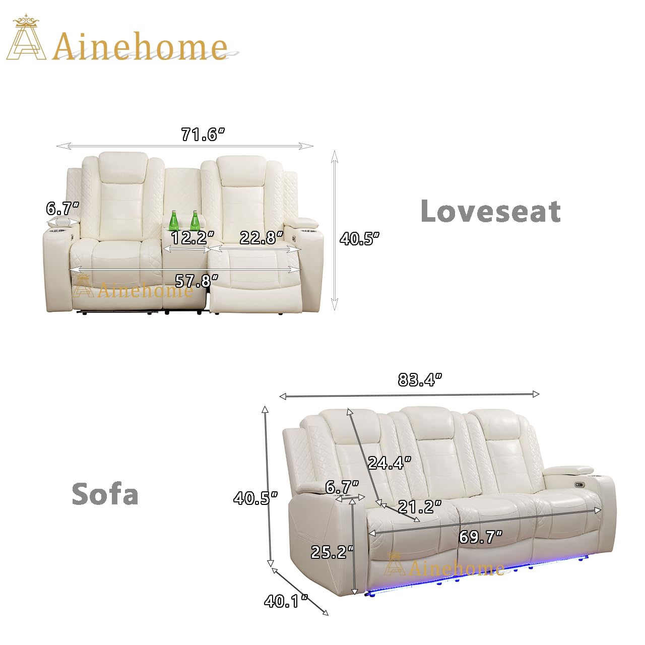 A Ainehome Power Leather Recliner Sofa Set with LED Lights, Recliner Sofa Sectional Couches for Living Room, Reclining Sofa and loveseat with USB Port/Storage Console(Creamy White,Sofa+loveseat)
