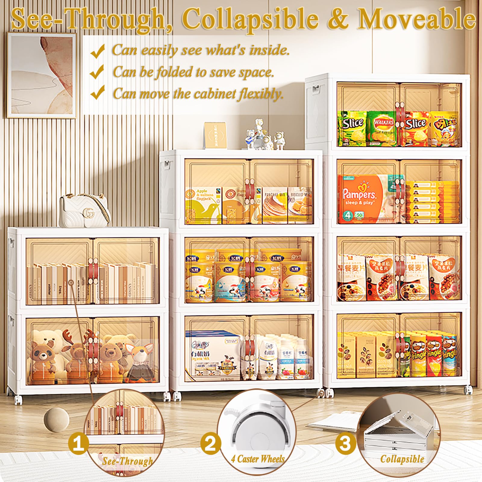 Jacriah Plastic Drawer Storage Bins with Lid, Stackable Storage Bins Open Front, Closet Organizers and Storage Cabinet with Doors and Shelves, Collapsible Storage Bins with Wheels (4 Layer-14 Gallon)