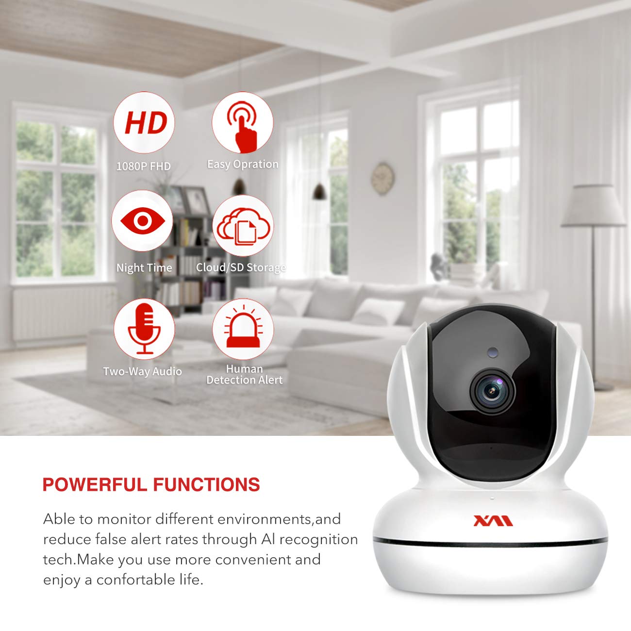 XM Wireless IP Security Camera Indoor Surveillance Camera Smart WiFi Home Camera for Baby/Pet/Nanny with Motion Detection 2-Way Audio Night Vision Cloud-Storage & TF Cardslot iOS/Android