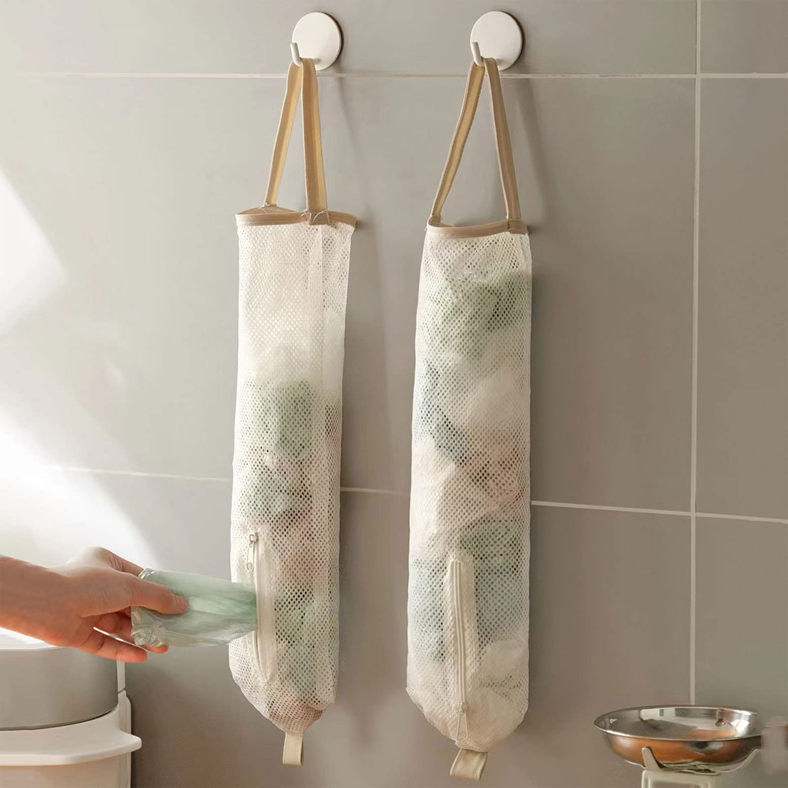 3PCS Trash Bags Storage Organizer Mesh Grocery Bag Dispenser Wall Mount Garbage Bag Storage Holder for Home Kitchen (White)
