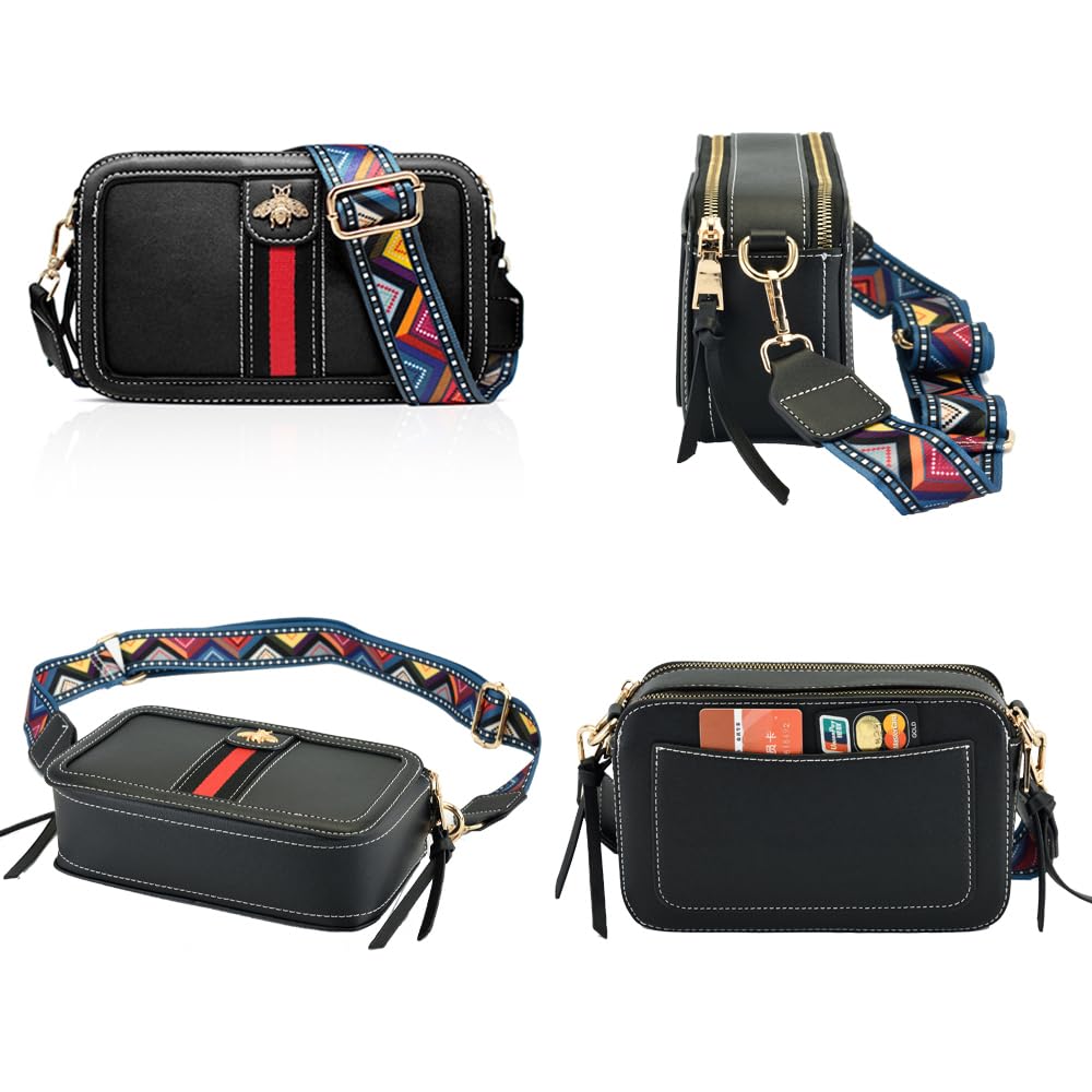 Beatfull Designer Bee Crossbody Purse for Women PU Leather Shoulder Handbag with Black-Red Strip Camera Clucth (Black)