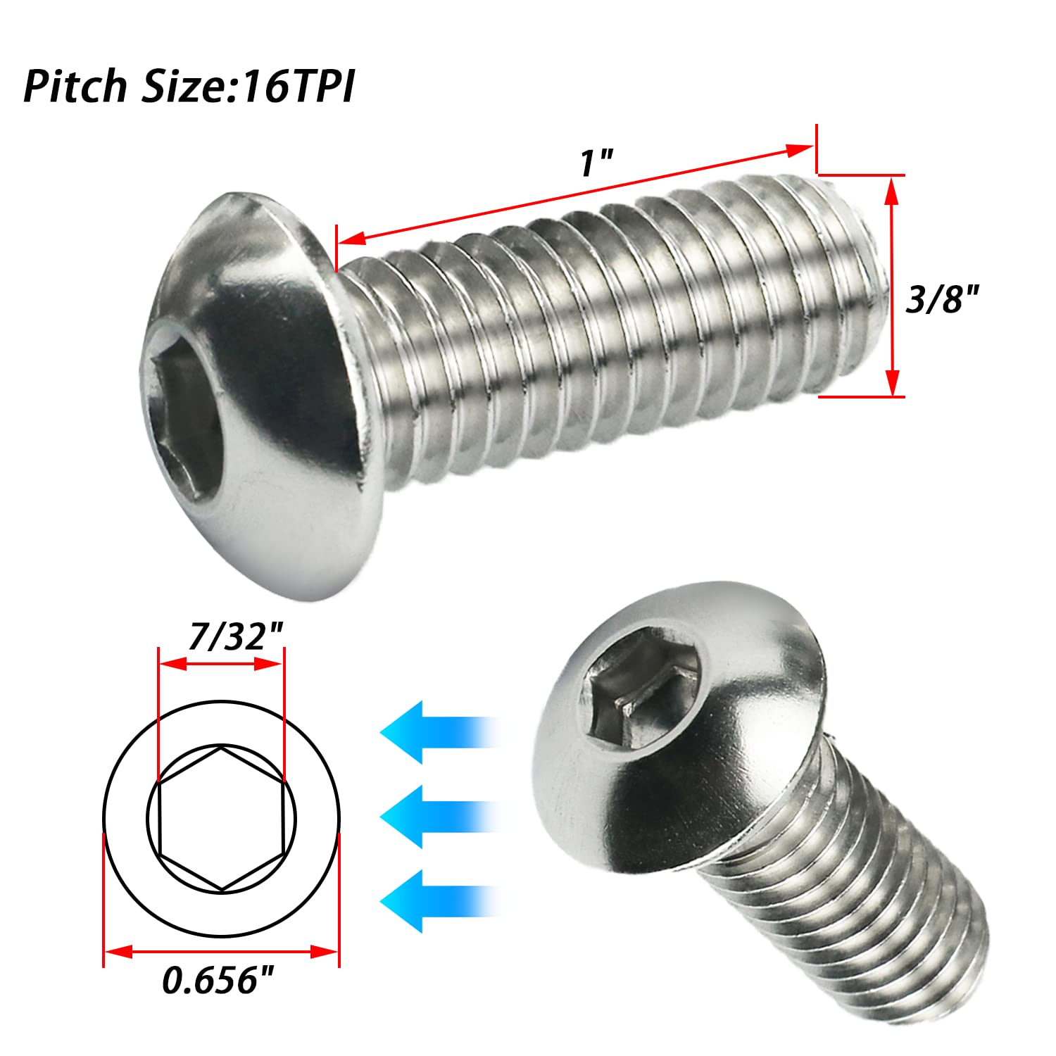 3/8-16 x 1" Button Head Socket Cap Bolts Screws, 10 PCS, Allen Socket Drive, 304 Stainless Steel 18-8 (304), Fully Thread Bright Finish