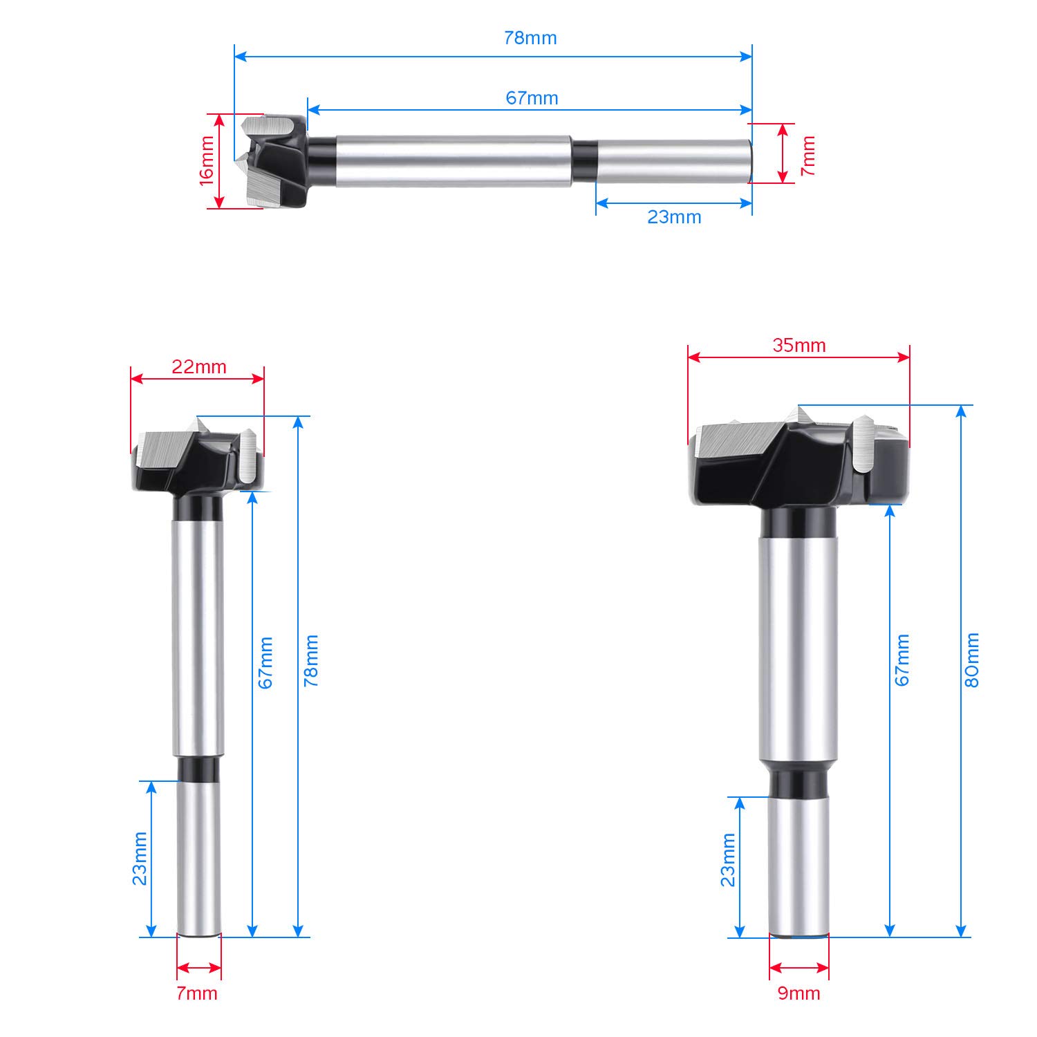 WiMas 16/22/35mm Forstner Drill Bit Set Woodworking Carbon Steel Wood Drilling with Centring Tip Diameter Drill Hole 3PCS for Wood Products, Plastics,Plywood etc