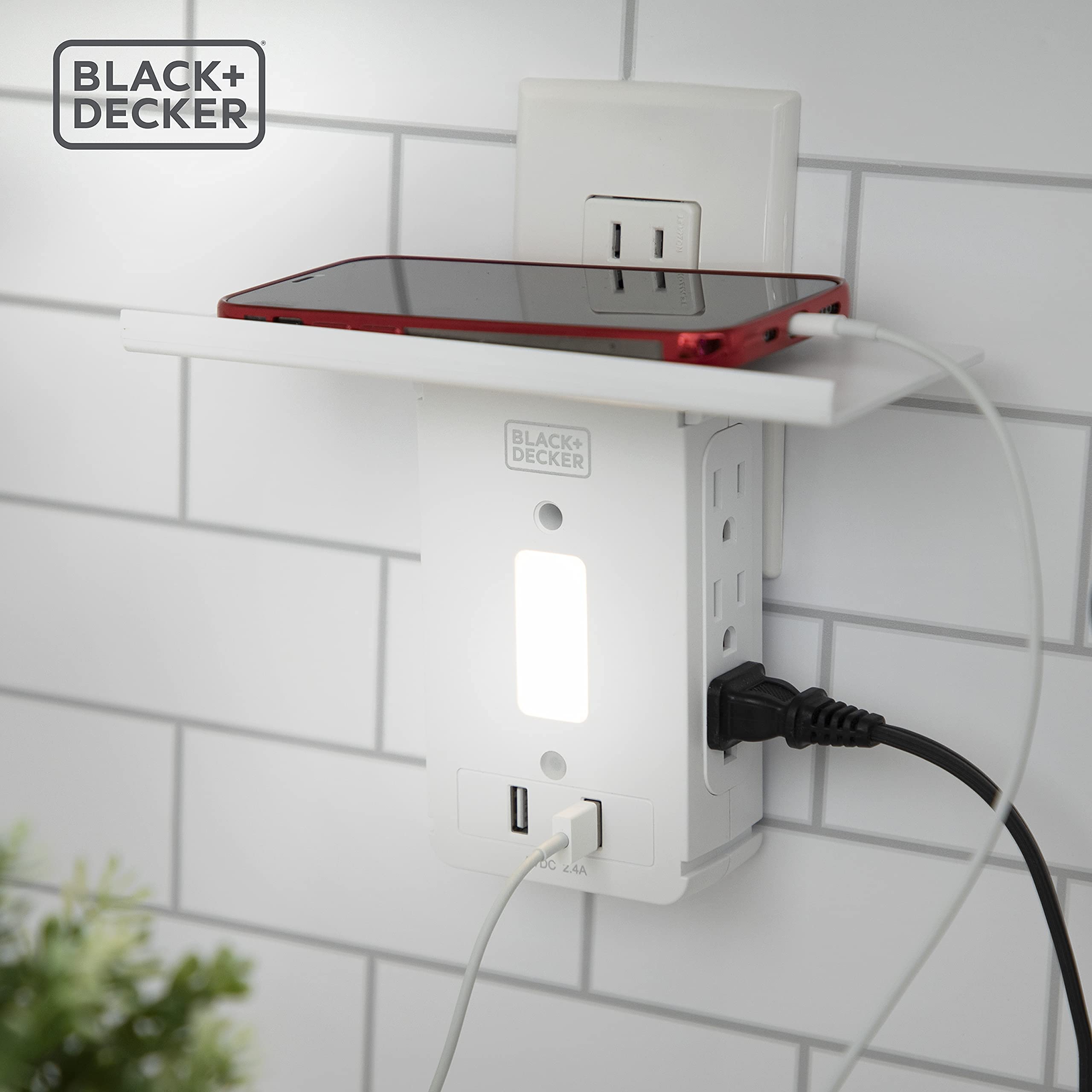 Black+Decker Surge Protector Outlet Shelf with Night Light, 6 Grounded Outlets, 2 USB, 100 Lumen