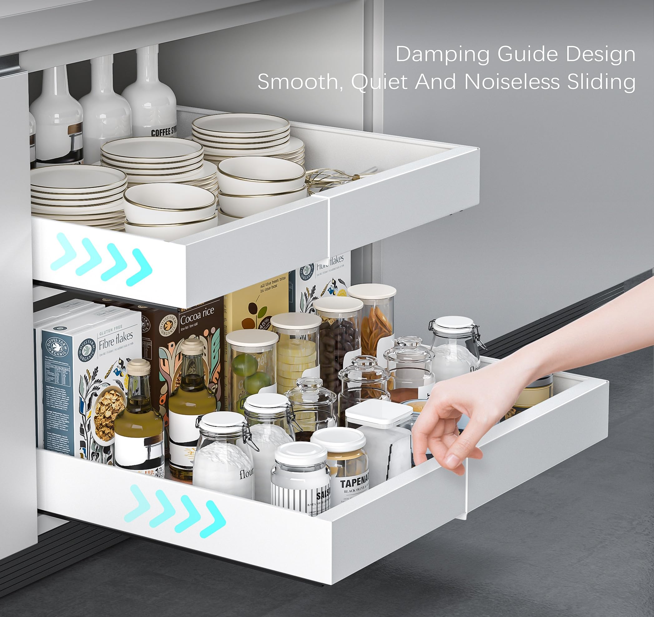 2Pack Expandable Pull Out Cabinet Organizer 21" Deep, Peel And Stick Slide Out Drawers for Kitchen Cabinet, Cabinet Pull Out Shelves, Roll Out Drawers Adjustable Width 12"-20.45" White