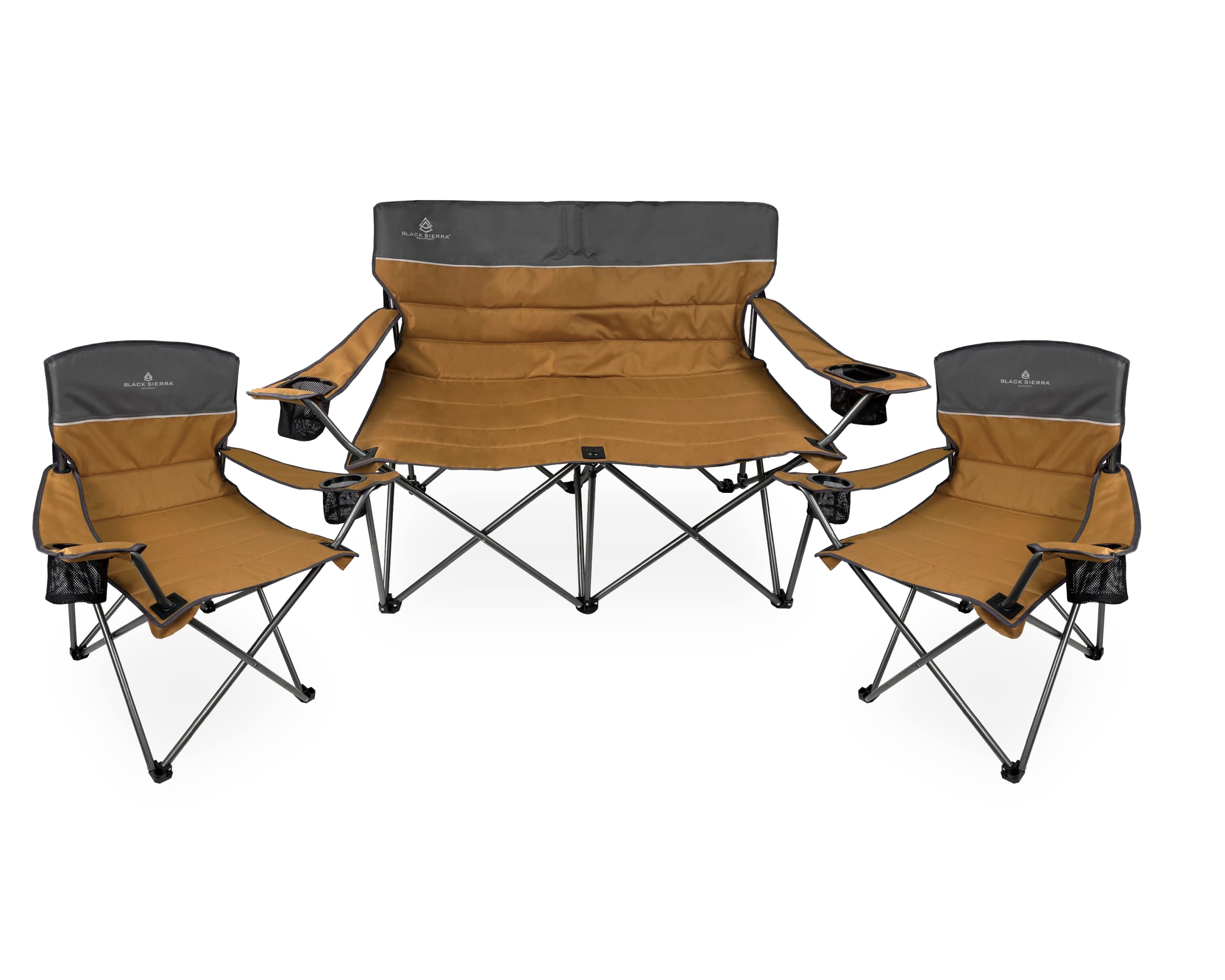 3 Piece Campfire Conversation Set for Camping, Patio, Hunting, Beach, Outdoor- Camping Folding Padded Loveseat with Deluxe Comfort Chairs- Set- Folding Set for Festivals, Beach, Camping
