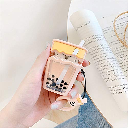 Rertnocnf Compatible with Earbuds Case Airpods 1 & 2, Creative 3D Quickstand Moving Bling Glitter Pearl Milk Tea Cup Cute Soft Silicone Protective Wireless Earphone Charging Case Decoration