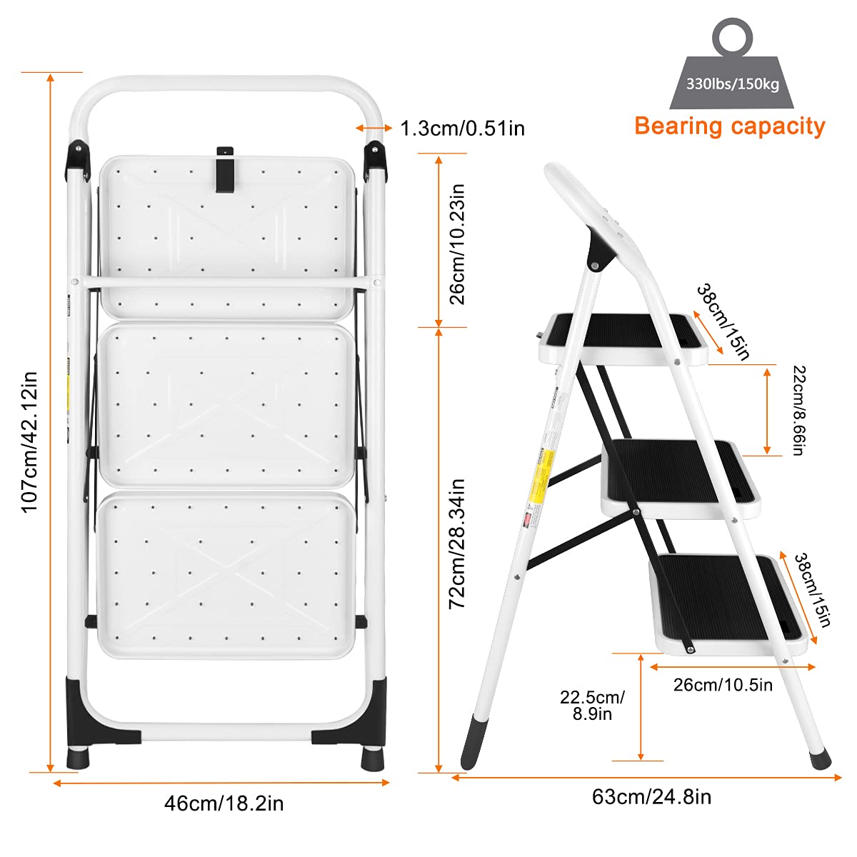 3 Step Stool, Gimify Folding Step Ladder Steel Stepladders Non-Slip Sturdy Steps Wide Pedal with Comfortable Hand Grip for Home Kitchen Garden Office 330 lbs