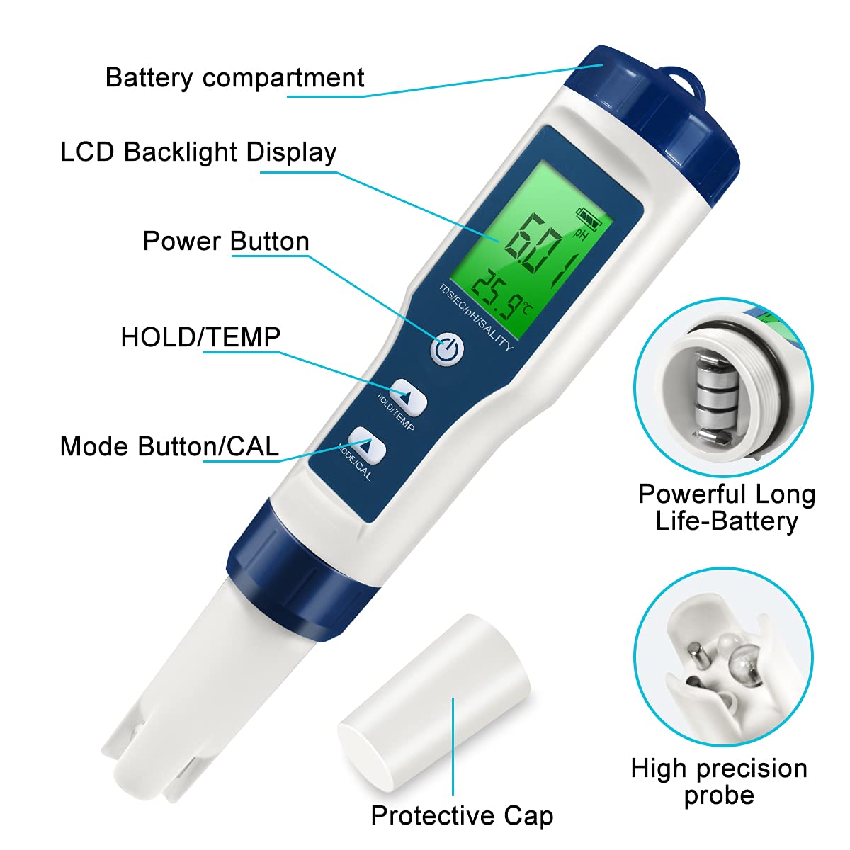 5 in 1 TDS Meter Water Tester, Conductivity(EC) Meter, TDS/EC/Salt/Temp/PH Meter for Water, Pool Salt Tester 0.01 High Accuracy Water Testing Kits for Drinking Water, Pool, Fish Tank and Hydroponics