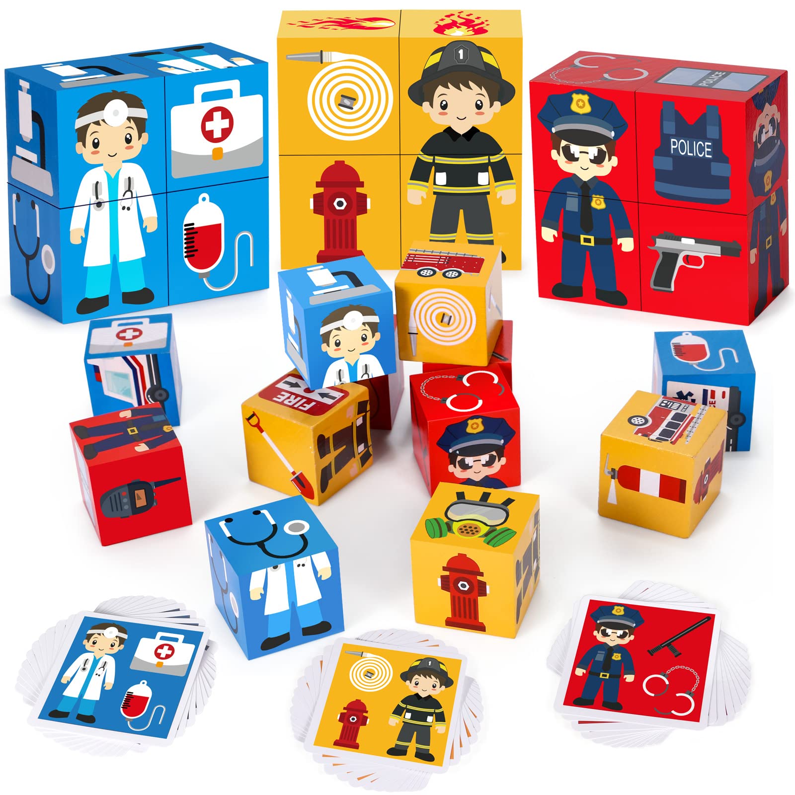 Atoylink 6 in 1 Educational Toys for 2 3 4 5 Year Old Kids Toddlers Wooden Cube Puzzles Occupations Pretend Play Matching Blocks Preschool Montessori Toys for Boys Girls Gifts - 12pcs