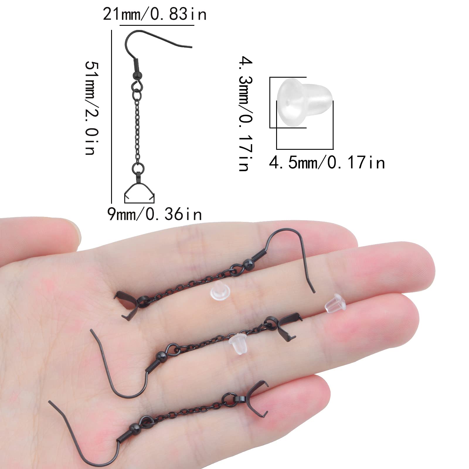 20pcs Stainless Steel French Earring Hooks Hypoallergenic Earring Fish Hooks with Beaded Chains Pinch Bail Clasps and 20pcs Clear Earring Backs for DIY Crafts Jewelry Making, Black