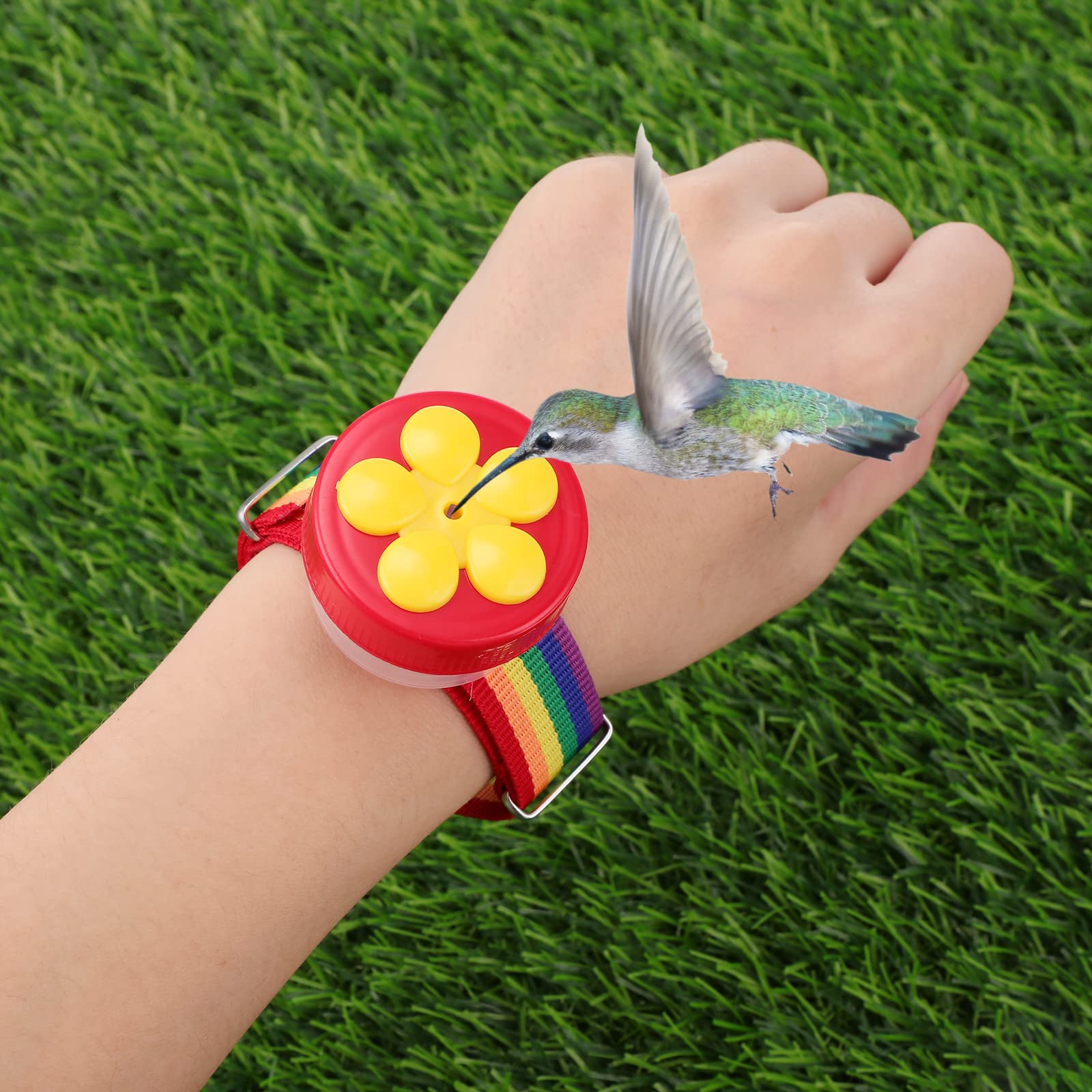 4 Pieces Hummingbird Wrist Feeder for Outdoor Hummingbird Hand Feeder Feeding Perch Hand Feed with Adjustable Strap Flower Hand Held Mini Hand Feeding Tools (Ring Style,2 Pieces)