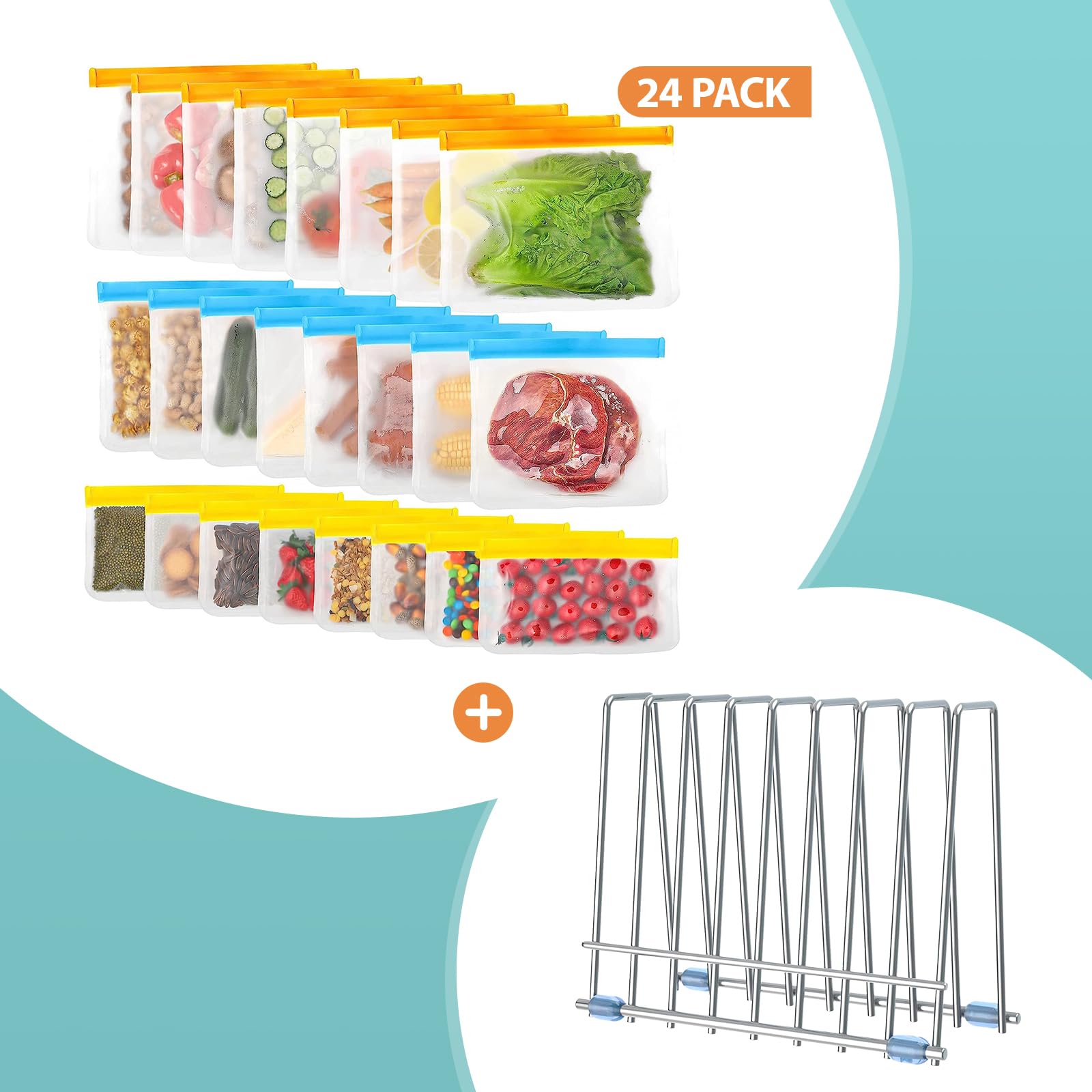 24Pack Reusable Storage Bags with Drying Rack, BPA Free PEVA Reusable Freezer Bags,Reusable Gallon Bags, Reusable Sandwich Bags, Silicone Food Bags for Women, Men and Kids