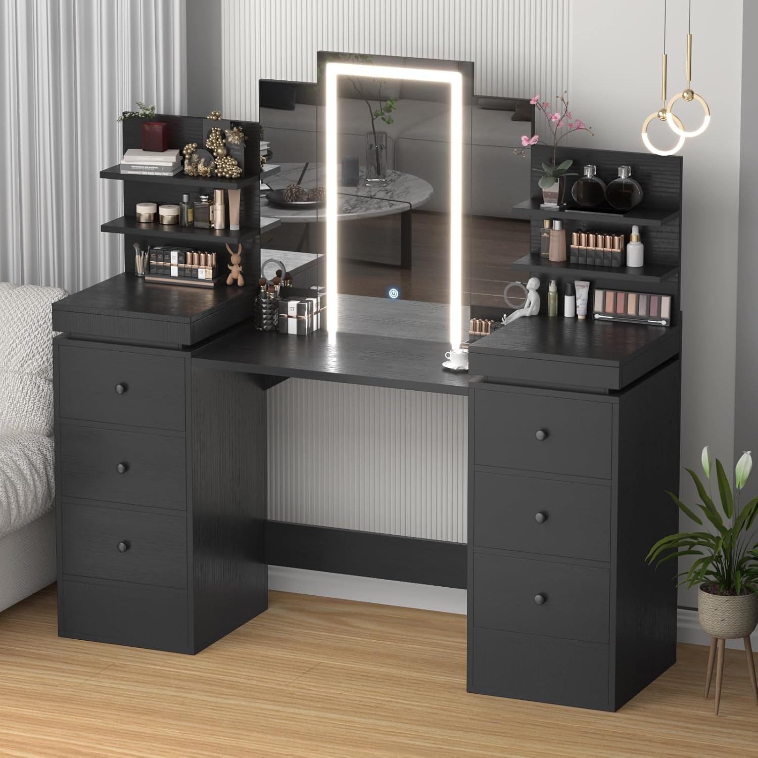 57.1" W Vanity Makeup Table with Lighted Mirror Table with Tri-Folding Mirror, 8 Drawers, 3 Light Modes, Open Storage Shelves, Vanity Table as Gifts for Girls/Women Vanity must Haves White (White)