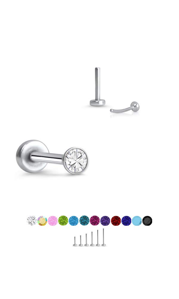 316 Stainless Steel Threadless Push Pin Nose Ring Labret Monroe Stud 1mm Glued Hot Pink CZ 18G