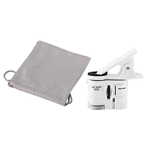 LED UV Light Magnifying Glass Mini Mobile Phone Microscope, Cell Phone Clip On Microscope, 9595W 60X Jewelry and Antique Evaluating for Currency Detecting