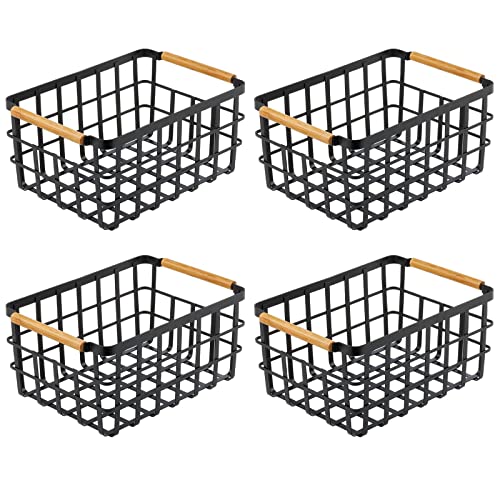 mDesign Metal Wire Food Organizer Storage Bin Basket with Bamboo Handles for Kitchen Cabinets/Pantry Organizing - Farmhouse Decor - Yami Collection - 4 Pack - Matte Black/Natural