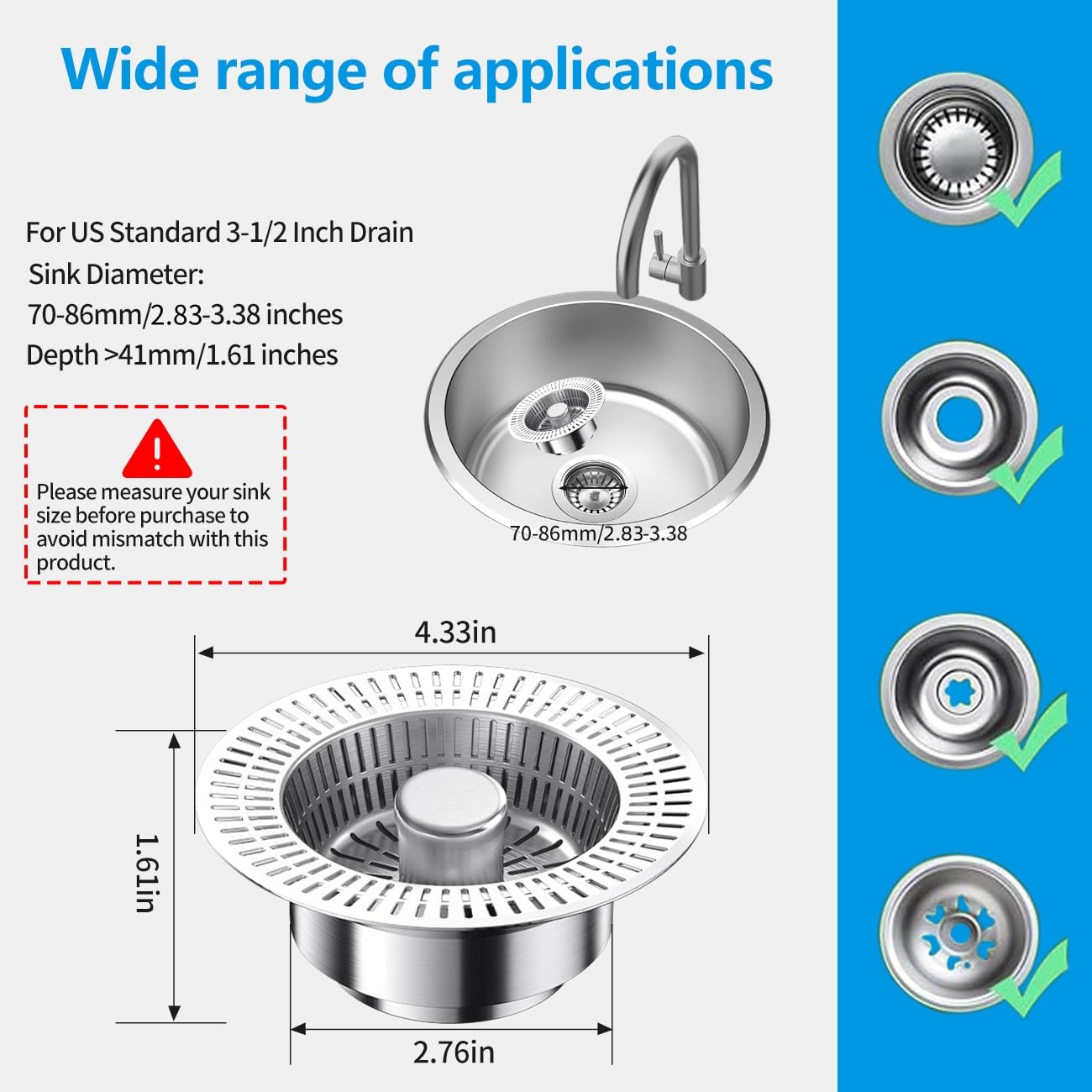 AAEJE【2024 New Upgrade】 3 in 1 Kitchen Sink Drain Strainer,Stainless Steel Pop Up Sink Drain Strainer,Kitchen Sink Stopper for US Standard 3-1/2" Drain