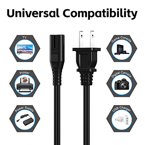 AC Power Cord 6FT(5 Pack), 2 Prong TV Power Cord, Power Supply Cable Replacement for Xbox One S, Xbox One X, Xbox Series X, PS3, PS4, PS5, Compatible for Printer, Monitor, Sound Bar, Game Console